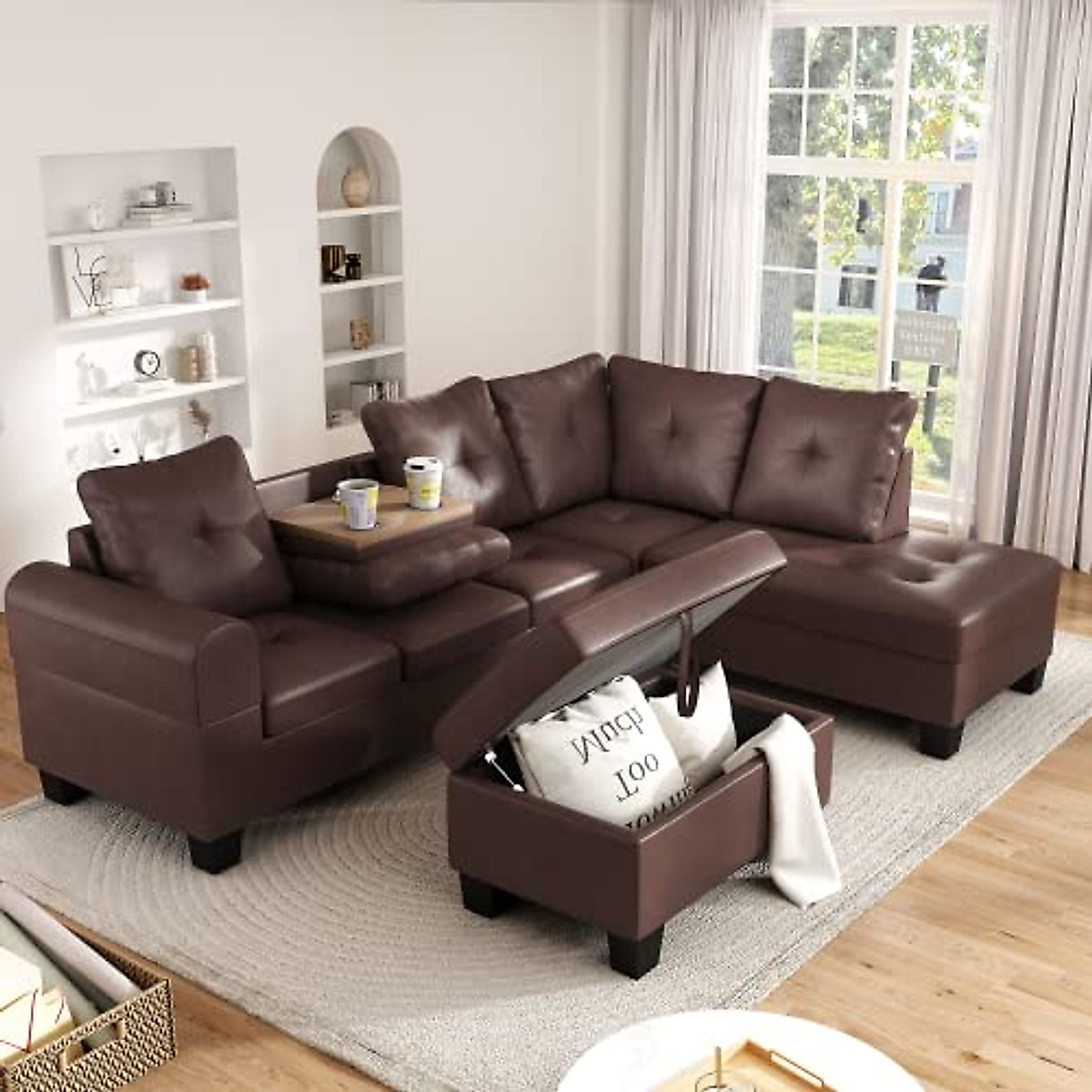 AWQM Upholstered Sectional Sofa w/Chaise Lounge, Modern L Shaped Sofa Couch with Storage Ottoman Bench, PU Leather Sectional Couches with Cup Holder for Living Room Small Space