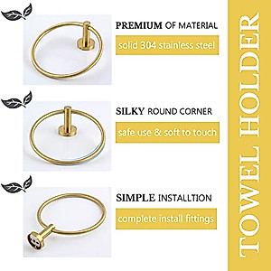 Hand Towel Ring Brushed Gold, APLusee SUS 304 Stainless Steel Round Towel Holder for Contemporary Bathroom Toilet Kitchen Storage, Wall Mounted