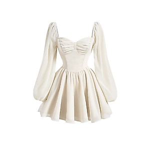 Verdusa Women's Long Sleeve Sweetheart Neck Lantern Sleeve Ruched Bust Ruffle Trim Mini Dress White XS