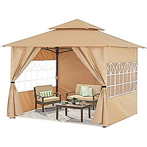 COOSHADE 8x8 Patio Gazebo with Window Curtains Gazebo Canopy Tent for Outdoor Garden Backyard Beige