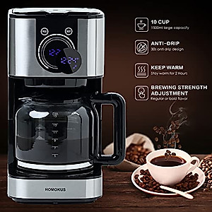 HOMOKUS 10 Cup Coffee Maker - Programmable Drip Coffee Maker -Stainless Steel Drip Coffee Machine with Timer, Brew Strength Control, LCD Screen and Anti-Drip System