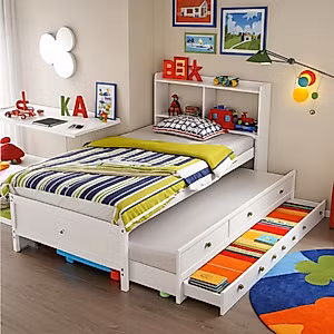 PVWIIK Twin Size Platform Bed with Trundle & Storage Drawers & Storage Headboard for Kids Bedroom,Solid Wood Capitan Bedframe,No Box Spring Needed,White