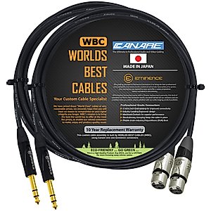 WORLDS BEST CABLES 2 Units - 3 Foot - Canare L-4E6S, Star Quad Balanced XLR to TRS Patch Cable with Eminence Gold E312 Female XLR & E502 TRS Stereo Plugs - Custom Made