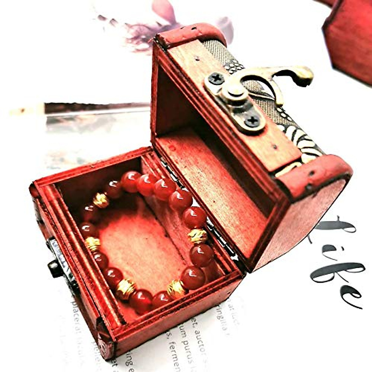 Markeny 4 Styles Pattern Wooden Rings Case Box Little Treasure Chest Vintage Handmade Box with Mini Metal Lock for Storing Jewelry Treasure Pearl