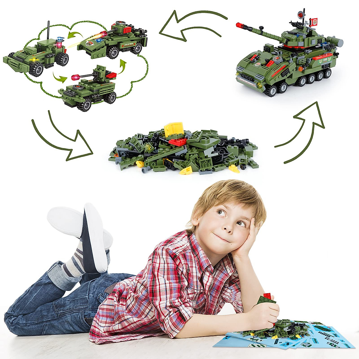 1552 PCS City Military Tank Building Blocks Set, Army Tank T-90 Toy Kit with Helicopter,Airplane, Boat,Vehicles and Storage Box,Pretend WW2 Military Roleplay Toy Birthday Gifts for Boys Girls Age 6-14
