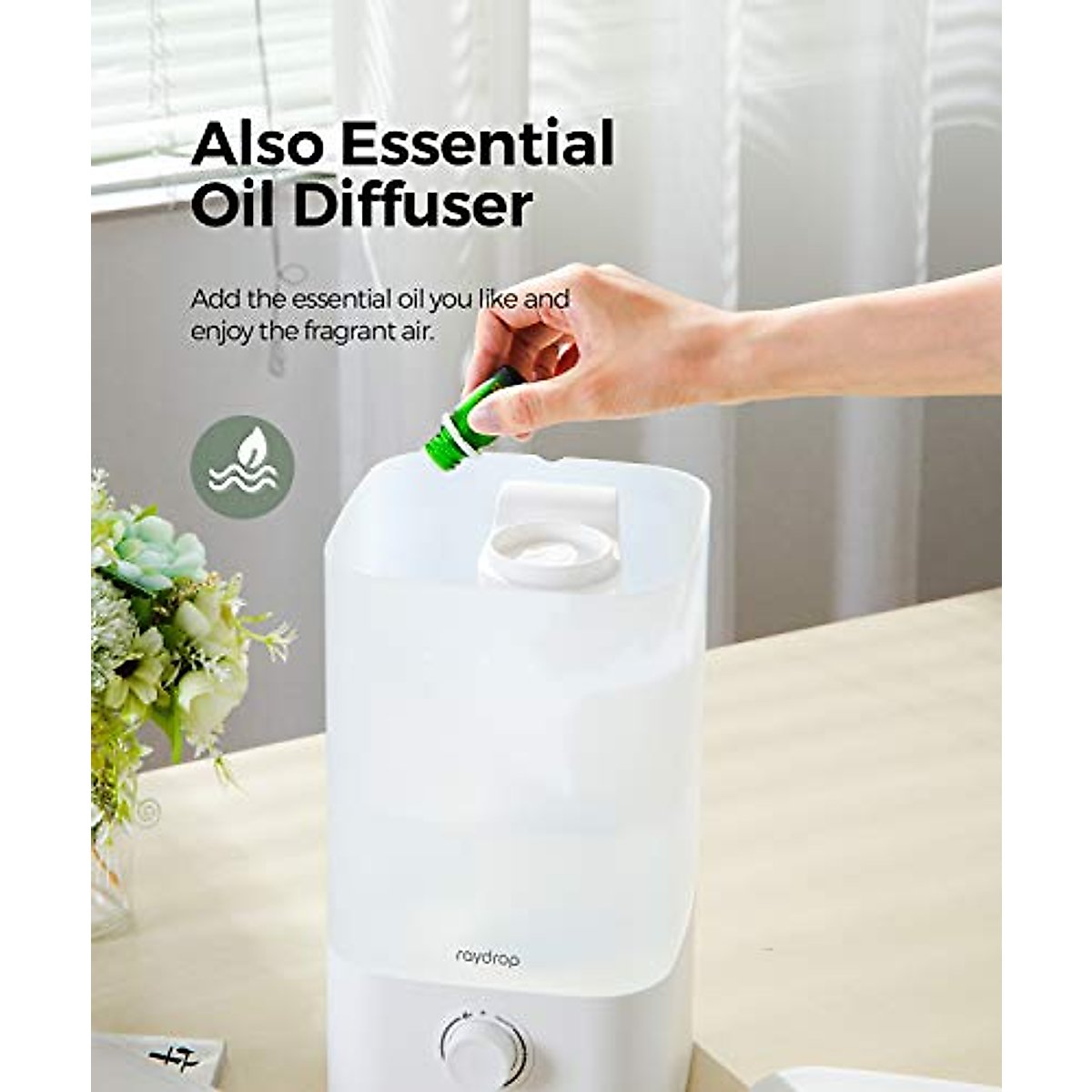 raydrop Cool Mist Humidifier Diffuser, 2.5L Essential Oil Diffuser, Top Fill Humidifier for Bedroom, Home and Office, Baby Humidifier with Adjustable Mist Output, Dial Knob, Auto Shut Off (White)