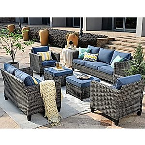 ovios Patio Furniture Set 6 PCS Outdoor Sectional Sofa Set with Loveseat Chairs Ottomans High Back Sofa All Weather Wicker Rattan Conversation Sets for Yard Porch (Denim Blue)