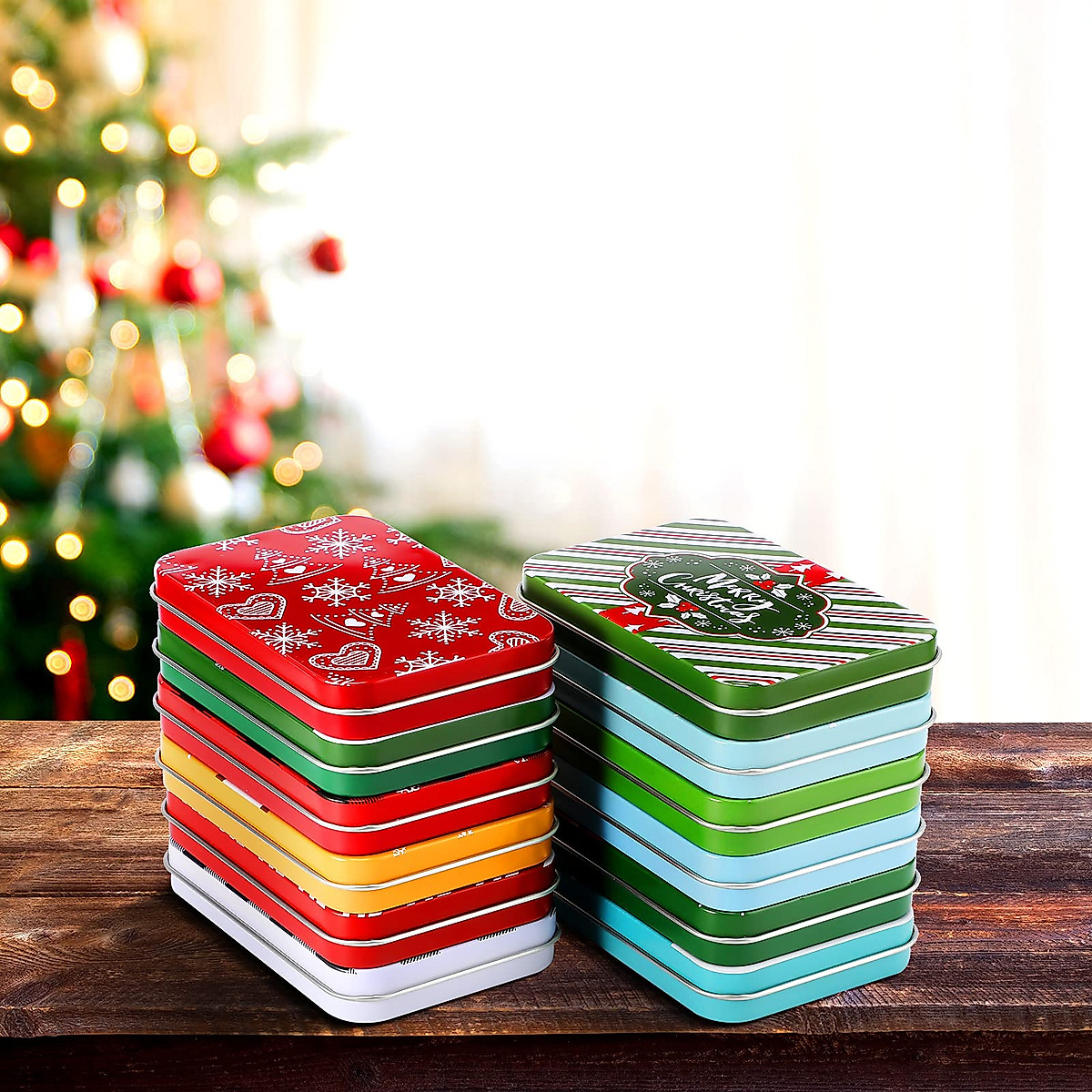 Moxweyeni 12 Pcs Colorful Christmas Card Tin Holder Boxes Christmas Tins Gift Card Holder Stylish Holiday Tin Boxes with Lids for Christmas Gift Cards Party Favors,4.9 x 3.3 x 0.7 Inches (Cute)