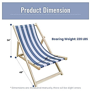 Recaceik Outdoor Patio Sling Chair Portable Folding Lounge Reclining with Stripes Adjustable Lawn Seat for Garden, Swimming Pool and Beach, Populus Wood