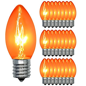 25 Pack C9 Clear Orange Light Bulbs,Orange Halloween Incandescent Bulbs for Indoor Outdoor Halloween Party Outside Lights,C9/E17 7Watt Chandeliers and Night Light Bulb