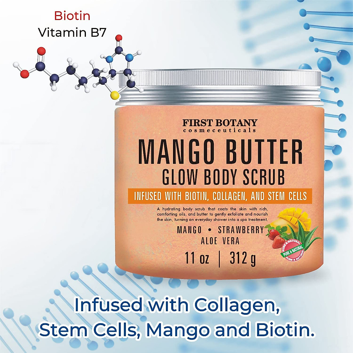 Mango Butter Body Scrub Exfoliator Biotin, Collagen, Stem Cells - Natural Exfoliating Salt Scrub & Body and Face Souffle helps with Moisturizing Skin, Acne, Cellulite, Dead Skin Scars, Wrinkles- 11 oz