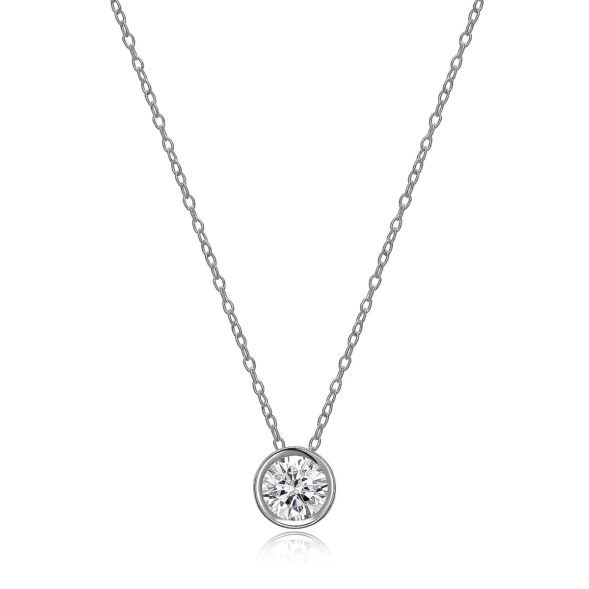MORGAN & PAIGE Platinum-Plated .925 Sterling Silver Round Cubic Zirconia 1/4" Bezel Set Solitaire Pendant Necklace, 18"