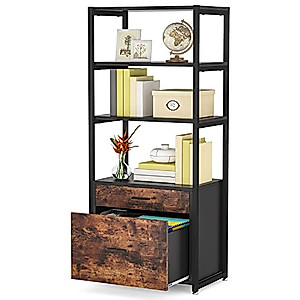 Tribesigns Bookcase Bookshelf, 4-Tier Modern File Cabinet with 2 Drawers, Lateral Filing Cabinet accommodate Legal/Letter / A4 Size for Home Office Organizer