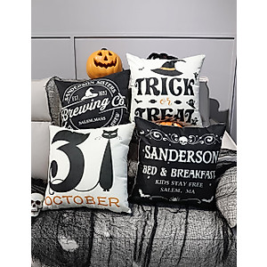 Halloween Decorations Pillow Covers Double-Side Printing 18x18 Set of 4 Halloween Decor Indoor Outdoor Hocus Pocus Farmhouse Saying Halloween Decorative Cushion Cases Spider Web Cat Skull Home Decor