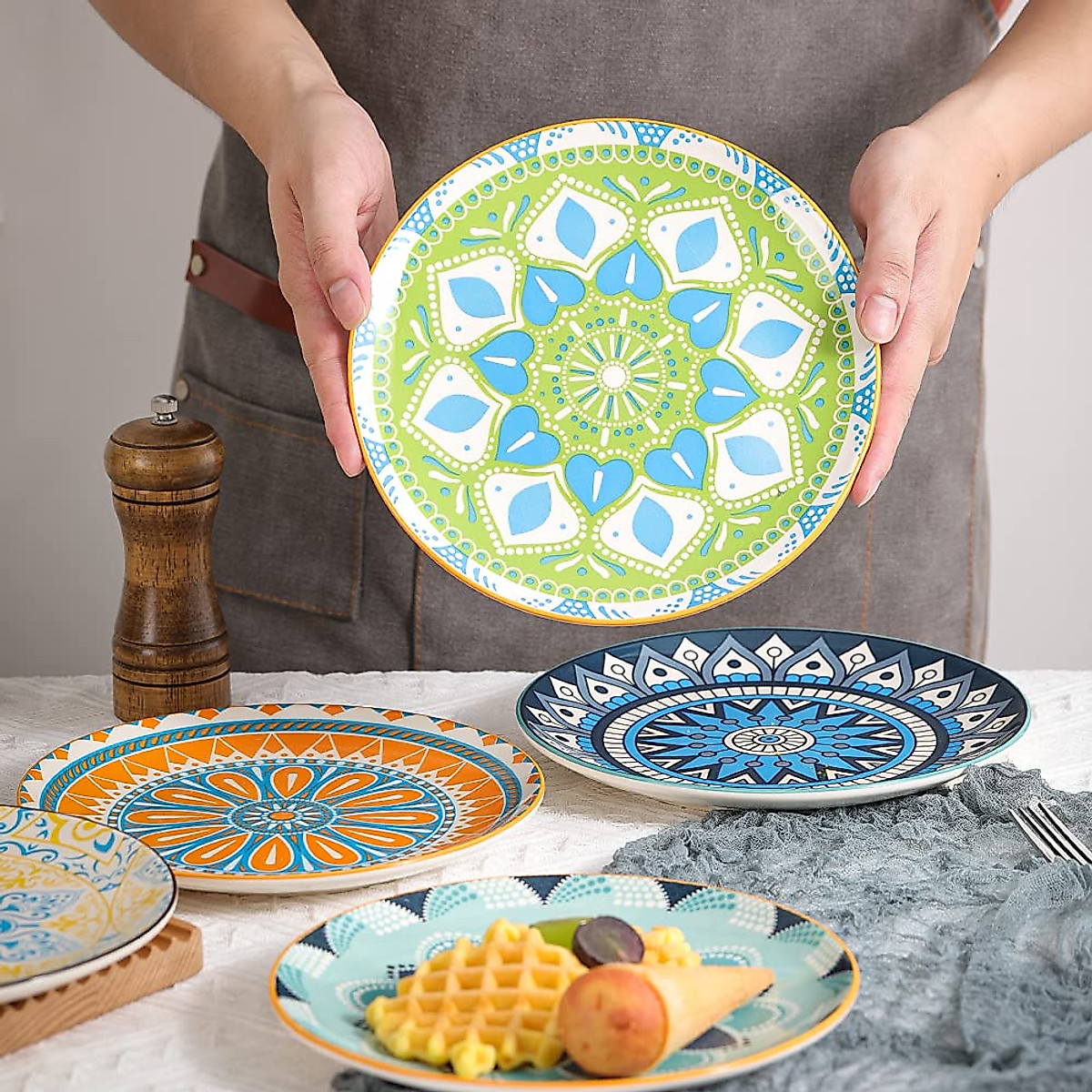 AHX Plate Set 8 Inch - Salad Plates | Dessert Appetizer Plates Colorful - Porcelain Lunch Plates - Set of 6 - Dishwasher and Microwave Safe