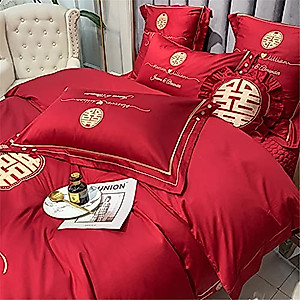 OQHAIR 60 Long-Staple Cotton Double Happiness Embroidered Four-Piece Set Red Cotton Duvet Cover Bed Cover Wedding Simple Bedding (Color : B 5-Piece Suit, Size : 1.5m) (B 5 Piece Suit)