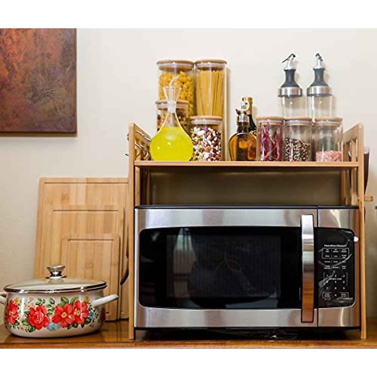 BAMBOO LAND- Bamboo Microwave Rack Countertop with Hooks and Built-in Knife Holder, Microwave Shelf Countertop, Countertop Shelf, Microwave Stand Countertop, Microwave Oven Rack, Over Microwave Shelf