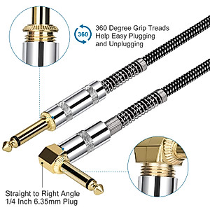 JOLGOO Guitar Cable, 1/4 Inch Cable 10 Ft, Straight to Right Angle 6.35mm Plug Bass Keyboard Instrument Cable, Black and Gray Tweed Cloth Jacket, Electric Mandolin, pro Audio