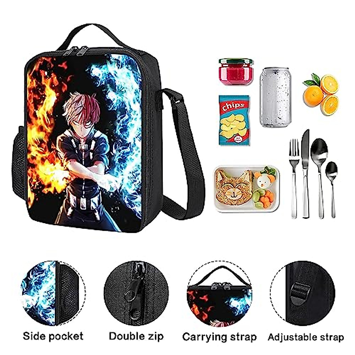 Cejburw Anime Manga Lunch Box, Durable Insulated Leakproof Lunch Bag Large Tote Meal Bag for Travel, Wear Resistant Casual Lunchbox (Black2, One Size)