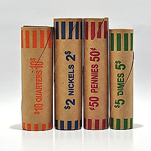 L LIKED 128 Assorted Preformed Coin Wrappers Rolls - Quarters, Pennies, Nickels and Dimes (128 Assorted)