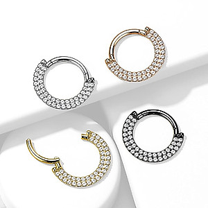 Pierced Owl 16GA G23 Implant Grade Titanium Double CZ Crystal Lined Cartilage Helix Daith Septum Hinged Segment Ring (Silver Tone, 8mm Diameter)