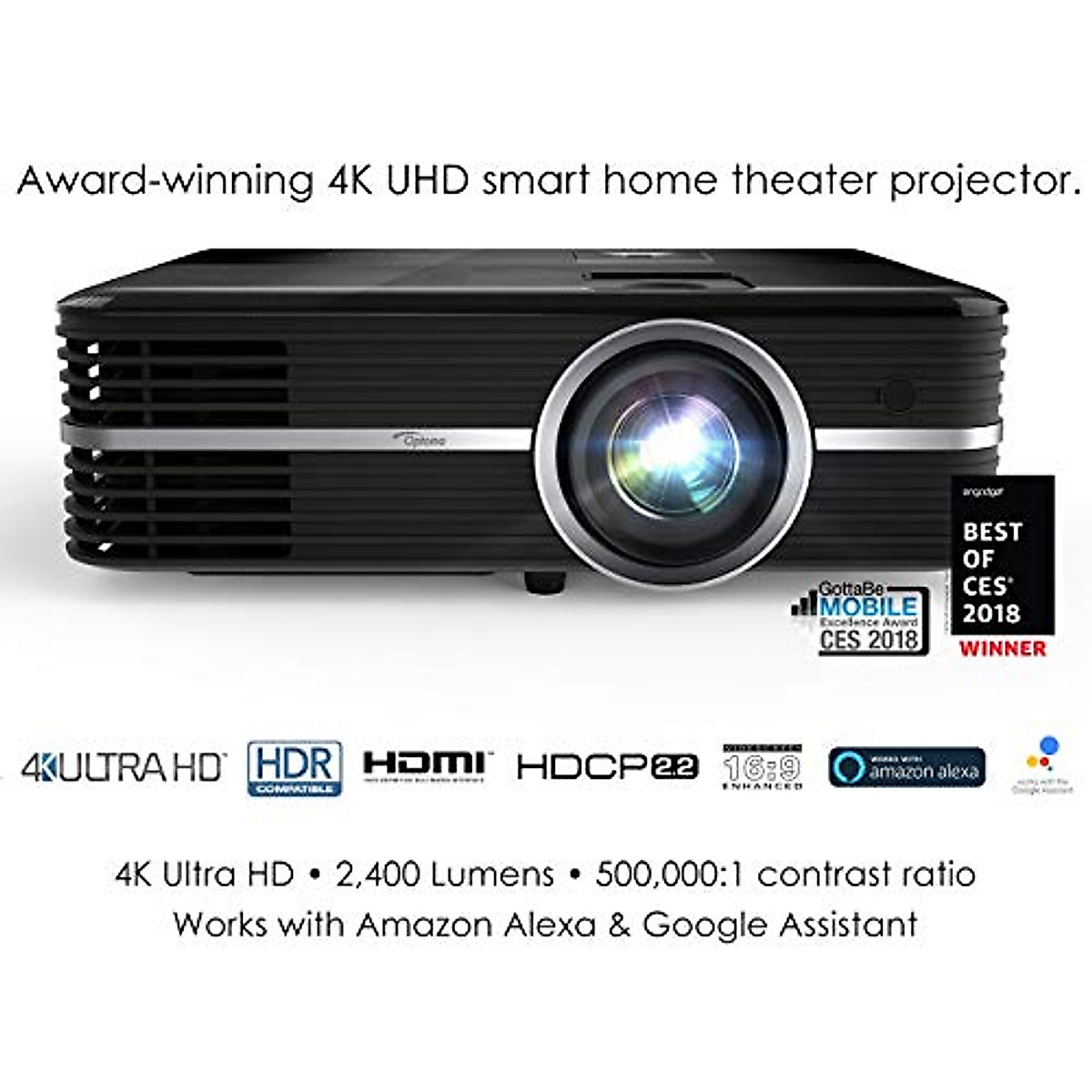 Optoma UHD51A 4K UHD Smart Home Theater Projector, Works with Amazon Alexa & Google Assistant