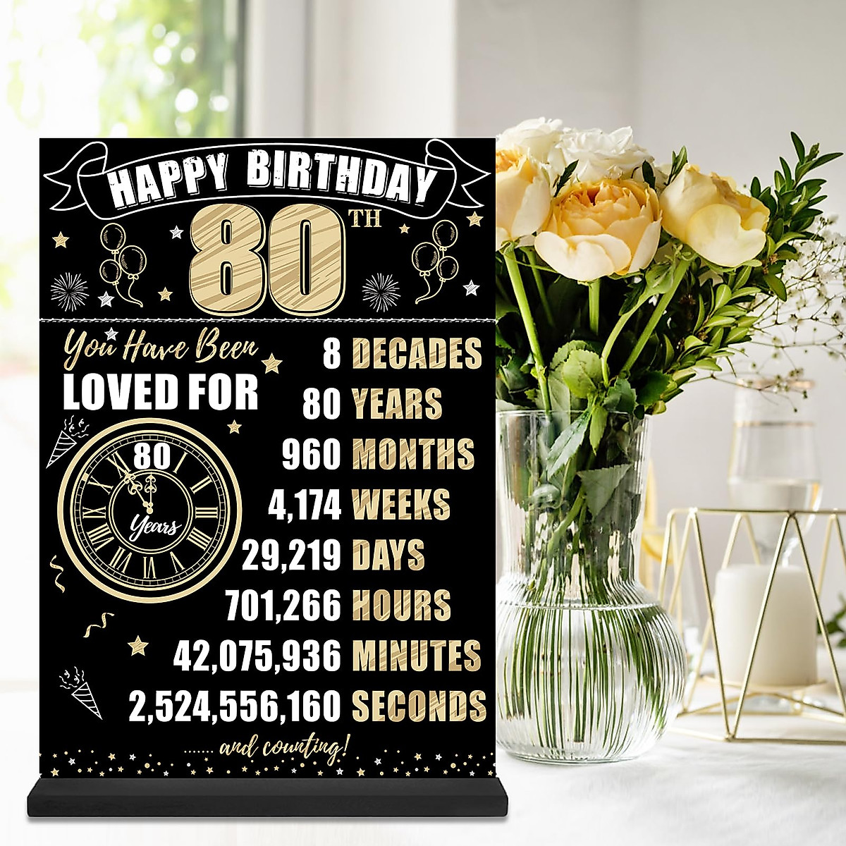 Eiurteao Black Gold 80th Birthday Decorations Back in 1944 Table Sign for Women Men, Two-sided 80 Birthday Wooden Poster with Stand Party Supplies, Eighty Year Old Bday Display Holder Table Decor