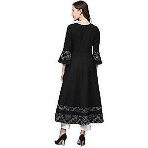 Yash Gallery Women's Cotton Slub Bandhej Print Anarkali Kurtis (Black)