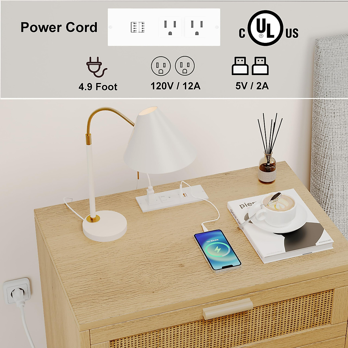 Rovaurx Rattan Nightstand with Charging Station, Night Stand with 3 Drawers, 23.6" W Bedside End Table for Bedroom, Side Table with Solid Wood Legs, Boho Style, Natural RCTG110ME