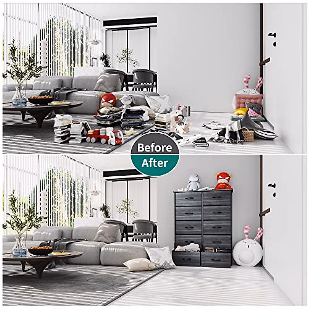 YITAHOME 10 Drawer Dresser - Fabric Storage Tower, Organizer Unit for Living Room, Hallway, Closets & Nursery - Sturdy Steel Frame, Wooden Top & Easy Pull Fabric Bins (Charcoal Black Wood Grain)