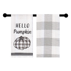 Mainstream Hello Pumpkin Kitchen Hand Towels, Grey and White Checked Buffalo Plaid, Set of 2 Coordinating Cotton Dishtowels for Fall and Thanksgiving Decorating, 16 x 26 inches