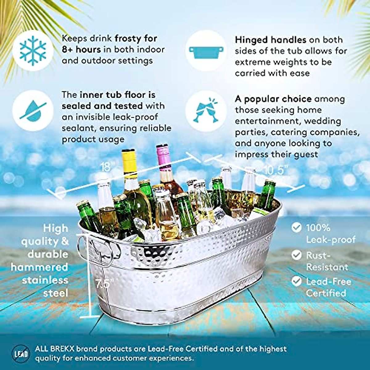 BREKX Stainless-Steel Ice Bucket & Beverage Tub for Parties, Hammered Stainless Steel Finish, Leak-Proof, Rust-Proof, with Handles - 15 Quarts