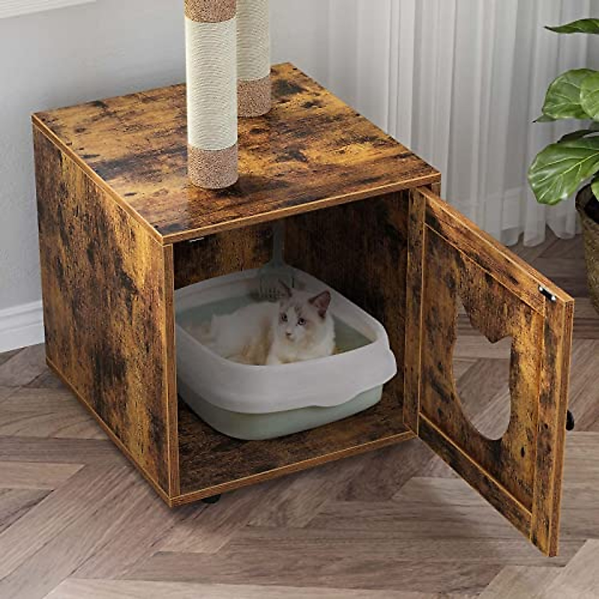 FavePaw Cat Litter Box Enclosure, Cat Tree with Litter Box Enclosure, Cat Litter Box Furniture with Cat Tree Tower and Condo, Indoor Cat House with Sisal Scratching Post and Soft Plush Perch, Brown