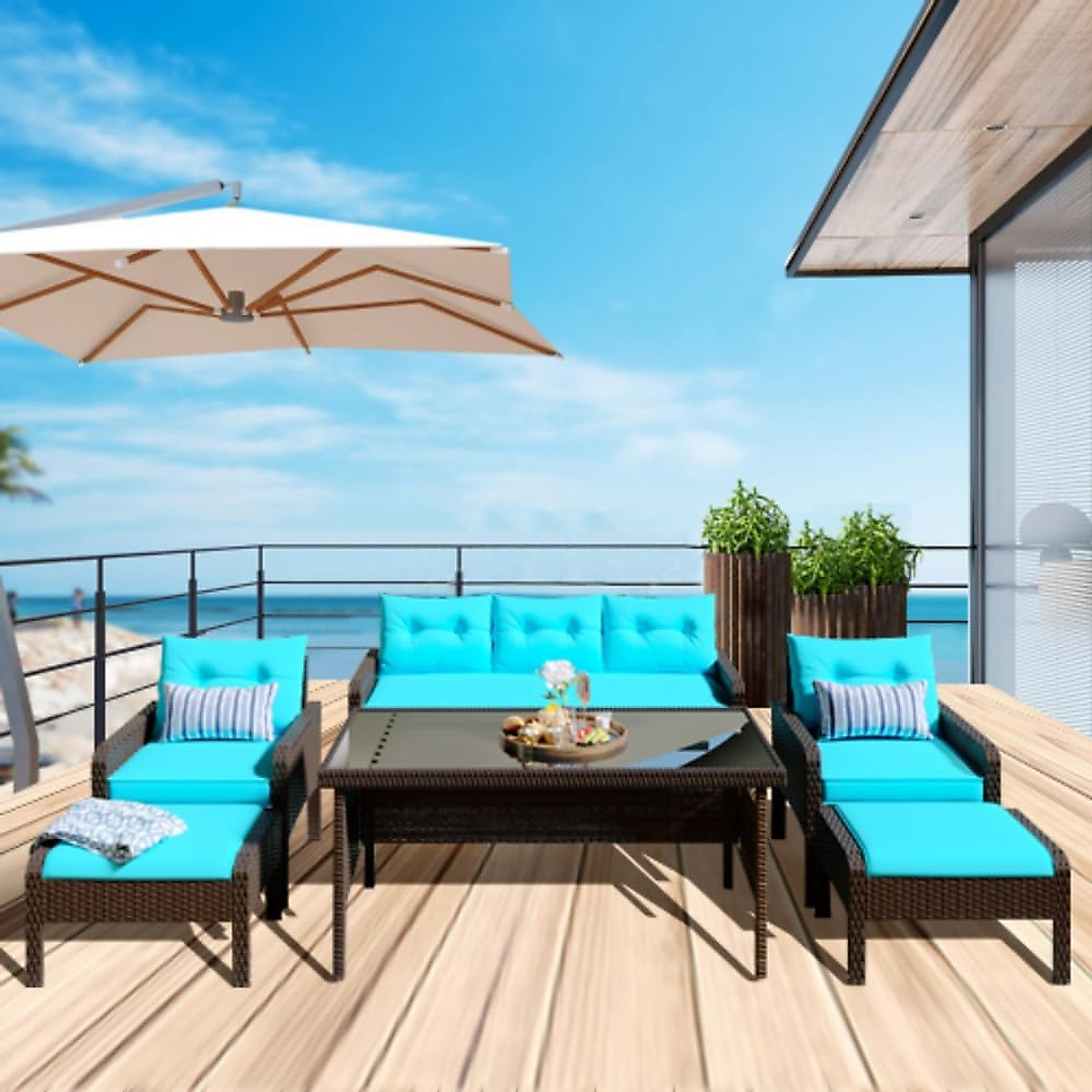 EMKK Furniture 6 pcs Outdoor Patio Sectional Couch PE Wicker Rattan Sofas Set Dining Table with Removable Cushions and Tempered Glass Tea for Backyard, Poolside, Deck, Brown, E-Blue