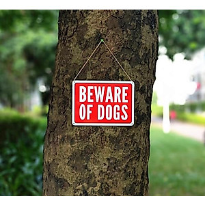 Beware of Dog Sign, Metal Warning the Dogs Signs for Fence Gate, 2 Pack 10 x 7 inches, for Indoor and Outdoor Use, No Fade Aluminum Weatherproof Long Lasting Red Ink (10 x 7, RED)