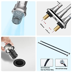 Bathroom Faucets for Sink, Gomylifer Bathroom Sink Faucet 2 Handle，4 Inch Centerset Sink Faucet with Pop Up Drain and Supply Hoses,Stainless Steel 360 Swivel Spout, Lead-Free, Brushed Nickel