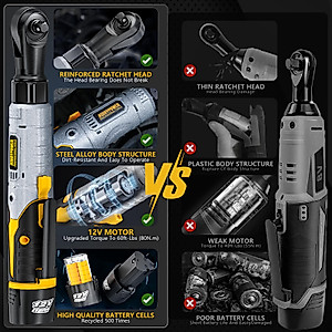 Alloypower 3/8" 60 Ft-lbs Cordless Electric Ratchet Wrench, 12V Electric Ratchet, Power Wrench Ratchet With Variable Speed, LED Light, 6 Sockets, 1/4" Adapter, 2 Batteries