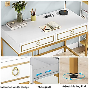 LITTLE TREE Drawers Computer Desk, 43.31” W x 21.65” D x 31.5”H, White and Gold