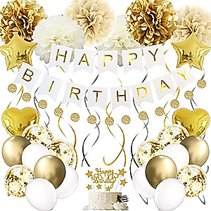 Gold White Birthday Party Decorations with Happy Birthday Banner,Heart Star foil balloons,DIY Cake Topper,Circle Dots Garland,Hanging Swirls,Tissue Paper Pompoms for Man Women