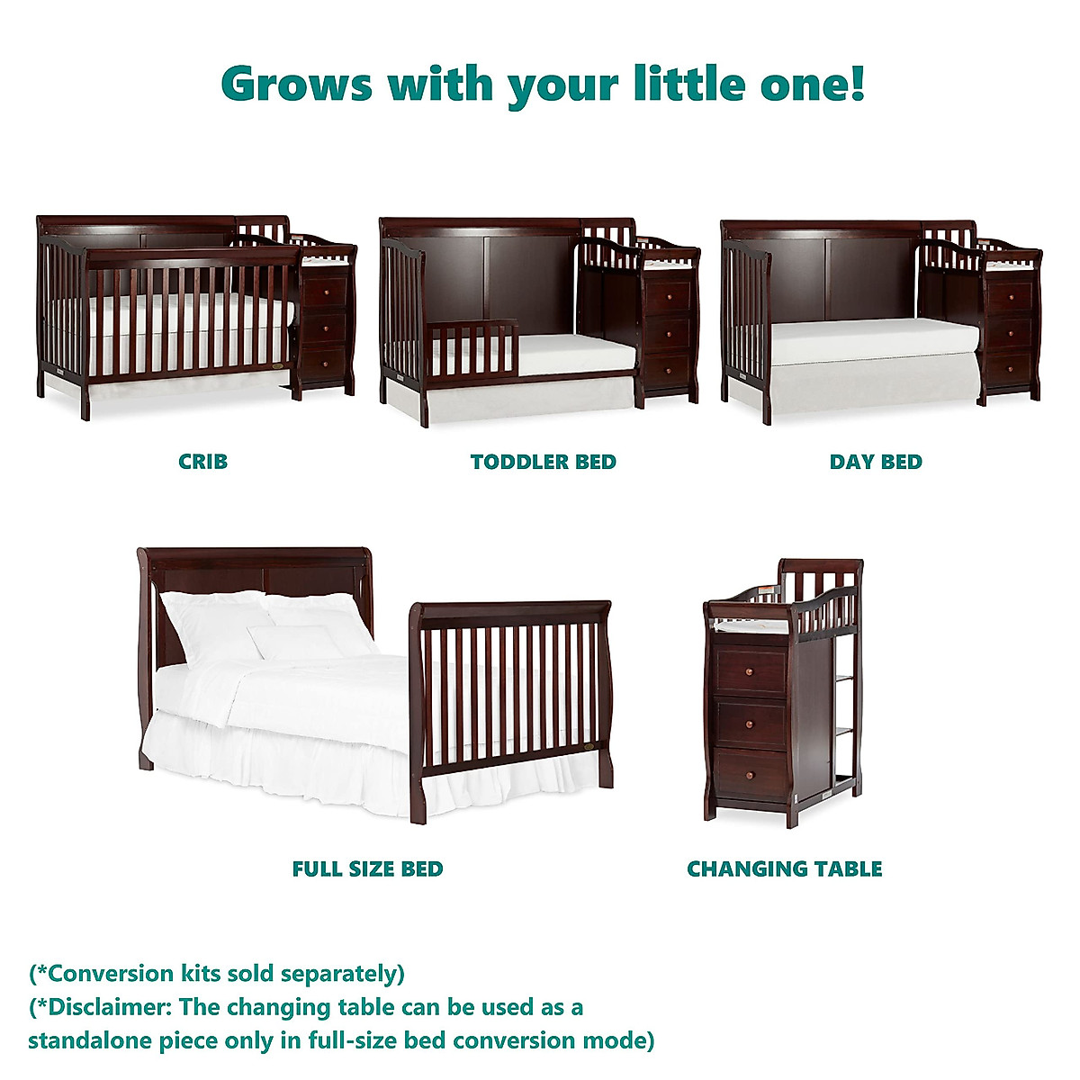 Dream On Me 5-in-1 Brody Full Panel Convertible Crib in Espresso with Changer, Spacious Drawers, Detachable Changing Table, 1''Changing Pad