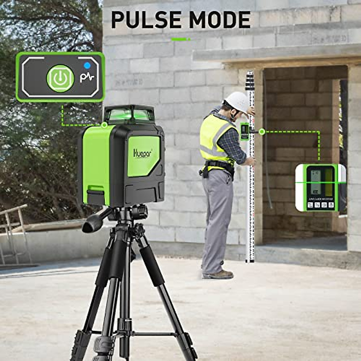 Huepar 901CG Self-Leveling Laser Level, 360 Green Beam Cross Line Laser Tool, Alignment 360-Degree Horizontal Line with Pluse Mode, Magnetic Pivoting Base Included