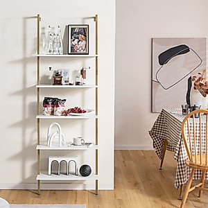 Giantex 5 Tier Modern Wall Mounted Bookshelf, 71'' White and Gold Wood Bookcase with Steel Frame, Stand Display Storage Rack Organizer Ladder Shelf for Living Room, Kitchen
