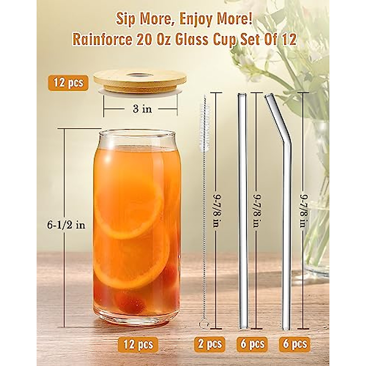 Rainforce 20 Oz Glass Cups With Lids And Straws, Beer Can Shaped Glass 12Pcs Set, Iced Coffee Cups, Glass Beer Can Cups, Drinking Glasses With Bamboo Lids, Beer Glasses, Cute Tumbler Glass Cups