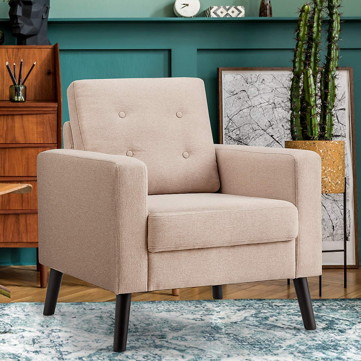 ReunionG Modern Accent, Mid Century Armchair W/Rubber Wood Legs, Linen Single Sofa W/Fabric Cushion, Upholstered Arm Chair for Living Room, Office, Bedroom (Beige)