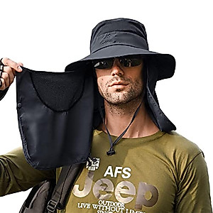 Men's Wide Brim Sun Fishing Hat Outdoor UPF 50+ Sun Protection with Removable Face and Neck Flap Dark Grey