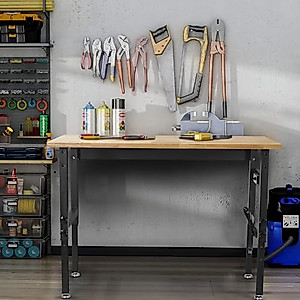 48" Adjustable Work Bench Garage Workbench with Power Outlets, 2200 Lbs Capacity Hardwood Top Work Bench Table Heavy-Duty Workbench for Garage, Workshop, Office, Home