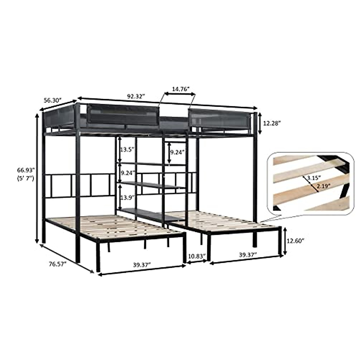 Goohome Full Over Twin and Twin Size Triple Bunk Bed with 4 Shelves, Heavy-Duty Steel Triple Bunk Beds Frame W/Safety Guardrail, Built-in Wood Slat and Ladder, for Kids, Teens, Adults