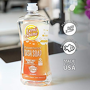 Lemi Shine Natural Concentrated Liquid Dish Soap - Hard Water Stain Remover - Wash Away Bacteria, Fresh Lemon Scent, 22 Fluid Ounces (Pack of 3)