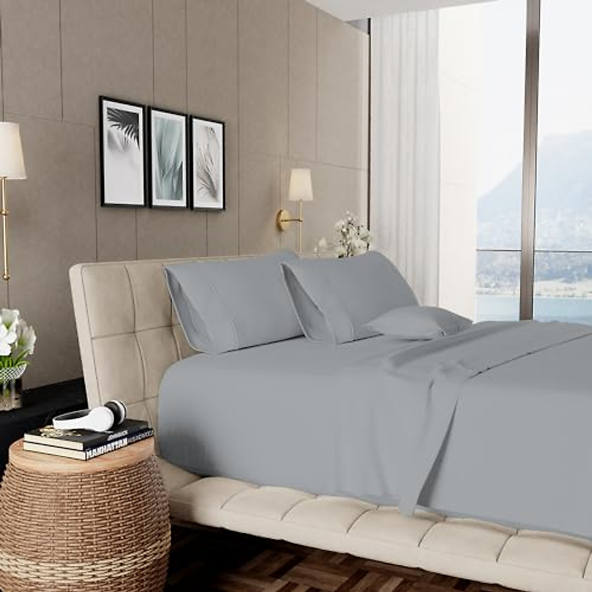 100% Egyptian Cotton Queen Sheet Set - 1000 Thread Count Soft Silver Queen Size Bed - Luxury Sateen Weave Deep Pocket Sheets - Breathable - Soft & Silky - Egyptian Cotton Sheets (Queen, Soft Silver)