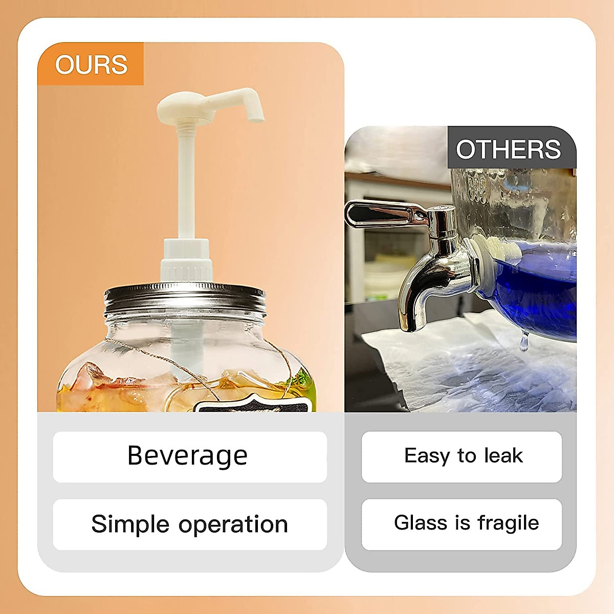 Suli Drink Dispenser for Parties, 1 Gallon 2 Pack Beverage Dispenser, Glass Juice Dispenser Countertop for Outdoor BBQ, Sun Tea, Lemonade, Mason Jar Dispenser with Pump